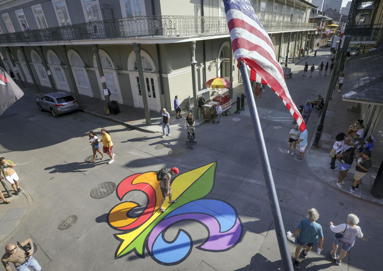 Photos: Massive rainbow fleur-de-lis painted on Bourbon Street, thanks ...