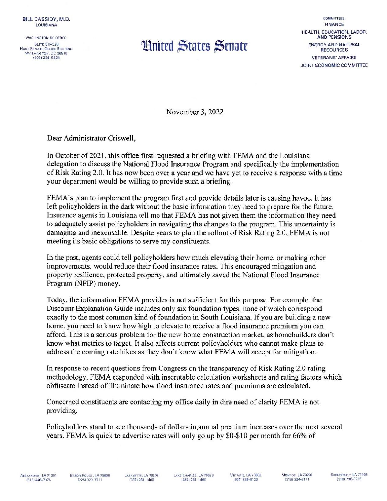US Sen Bill Cassidy letter on flood insurance 110322 | | nola.com