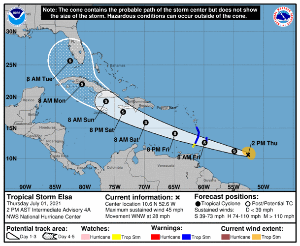 Tropical Storm Elsa strengthens a little on way to Caribbean, Gulf of ...