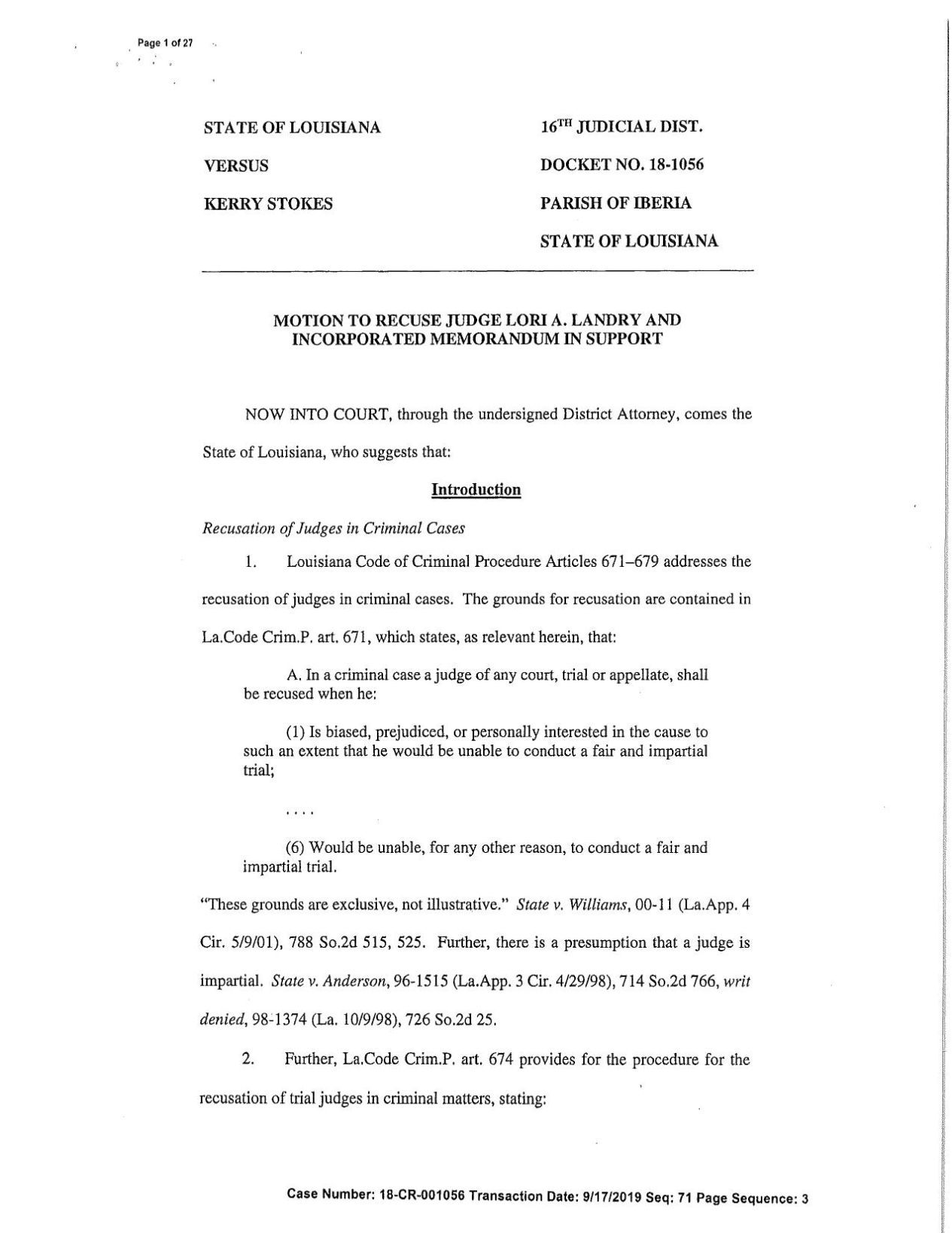 Motion to recuse 16th JDC Judge Lori Landry | | nola.com