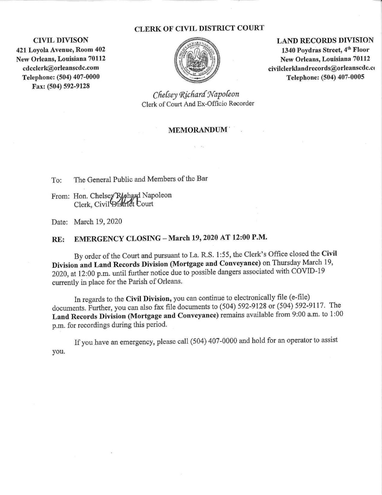 Civil Court closure memo | | nola.com