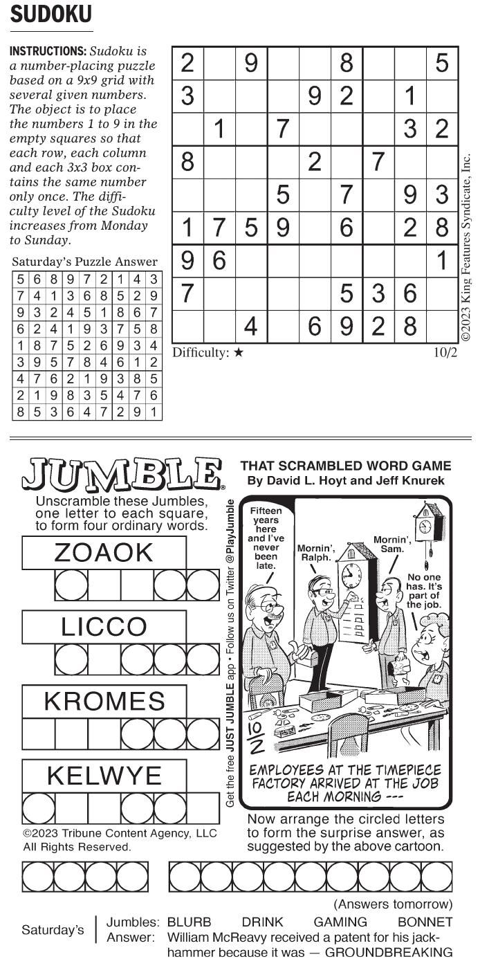 Times-Picayune sudoku jumble Oct 2 2023 | | nola.com