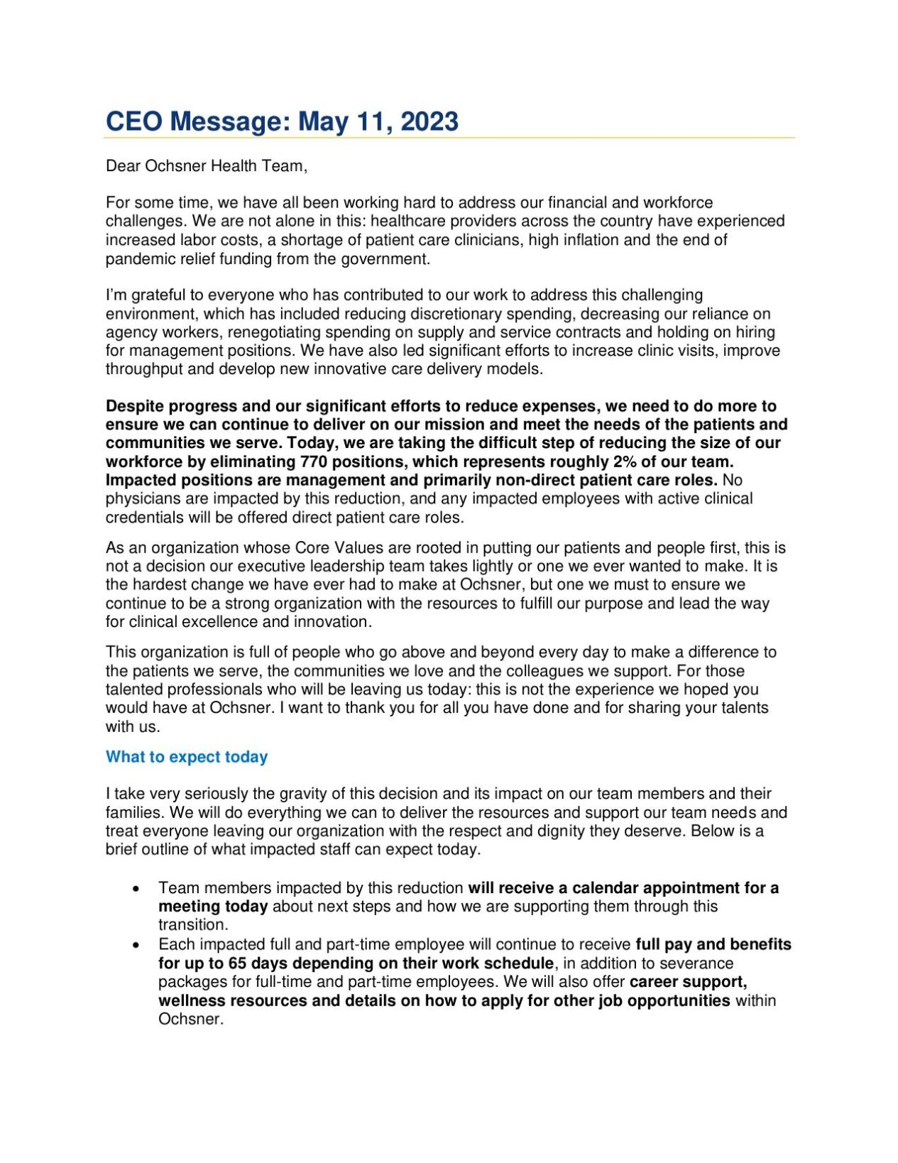 Read Ochsner CEO Pete November's letter to employees | | nola.com