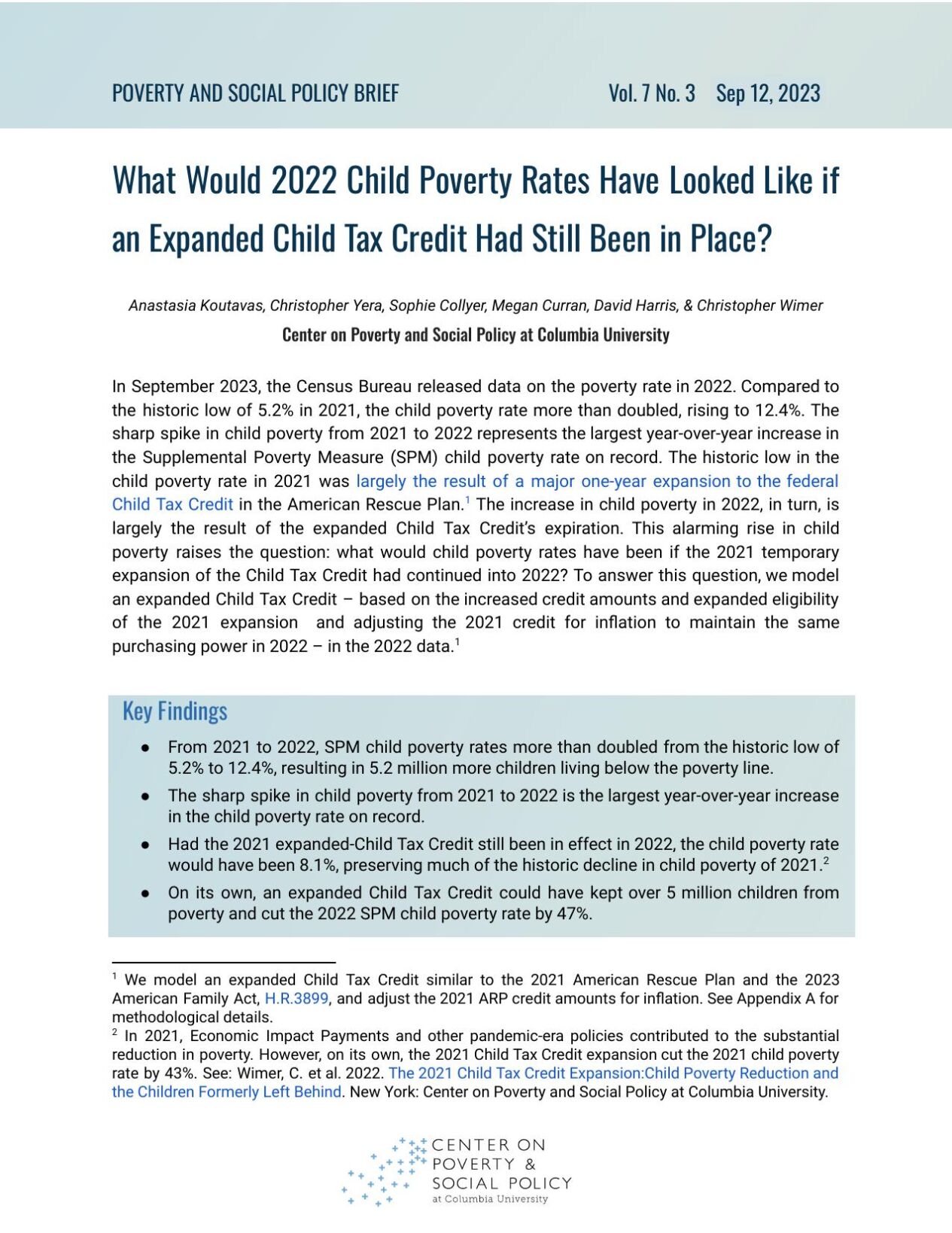 Columbia University Center on Poverty & Social Policy report. Sept. 12 ...