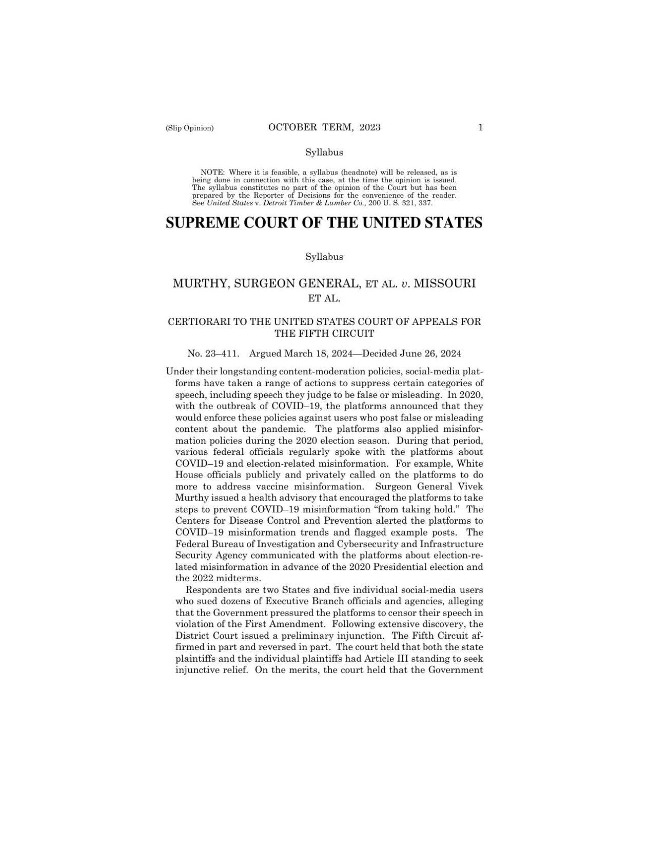 Us Supreme Court Decision In Murthy V Missouri