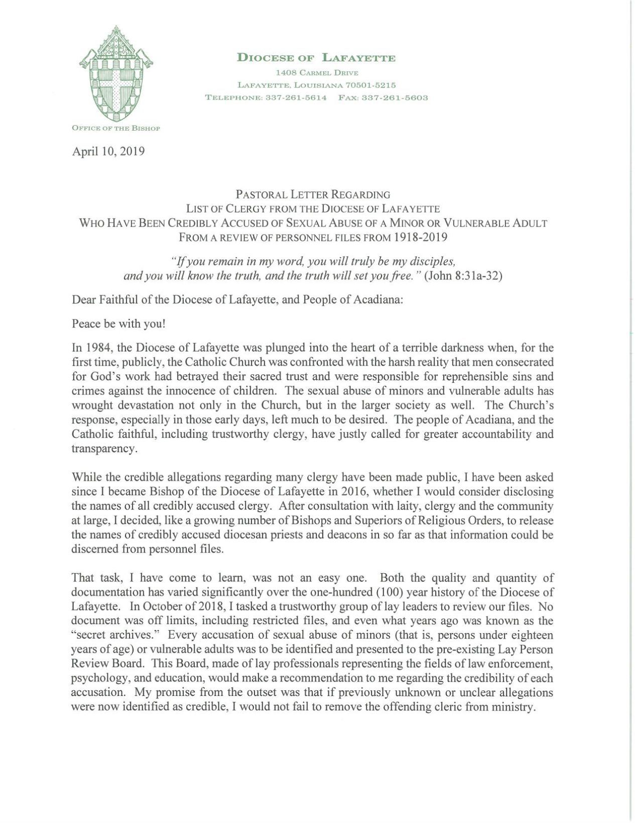 Letter from the bishop | | nola.com