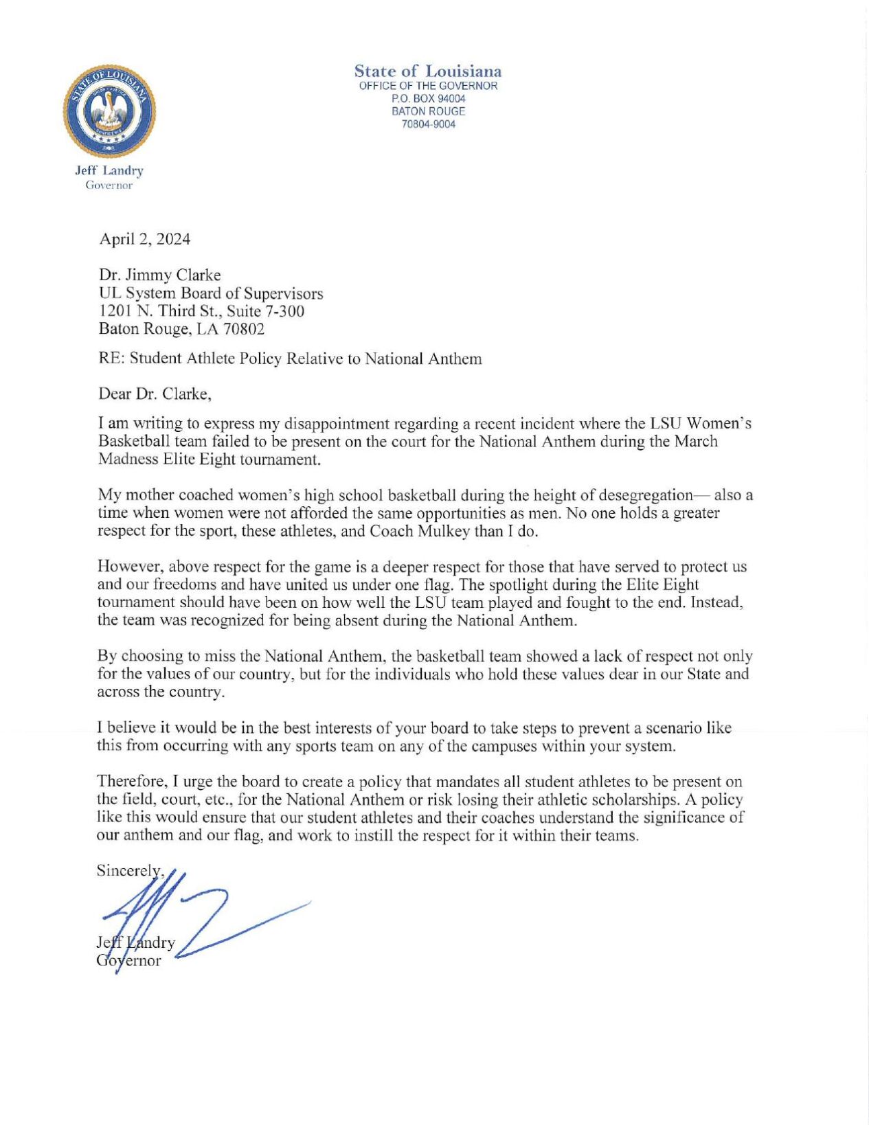 Gov. Landry's letter to the UL System | | nola.com