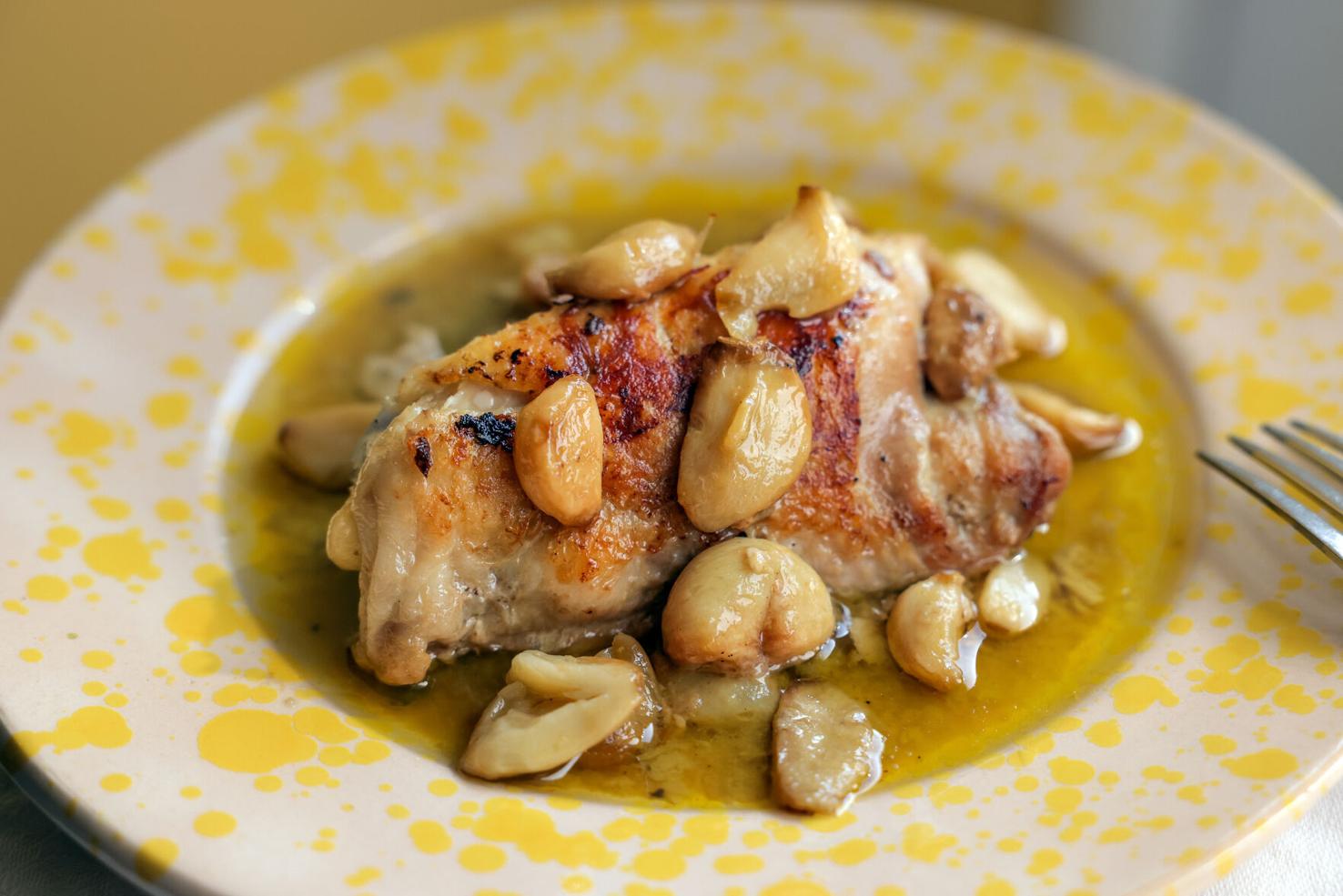 Rich mushroom soup, garlicky chicken and a classic French apple tarte ...