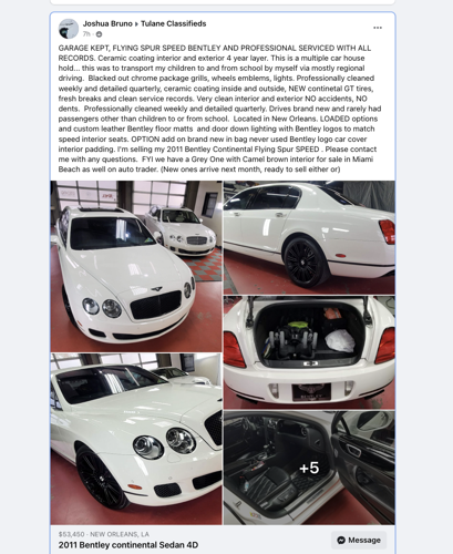Bankrupt landlord Joshua Bruno is trying to sell his Bentley for $53K ...