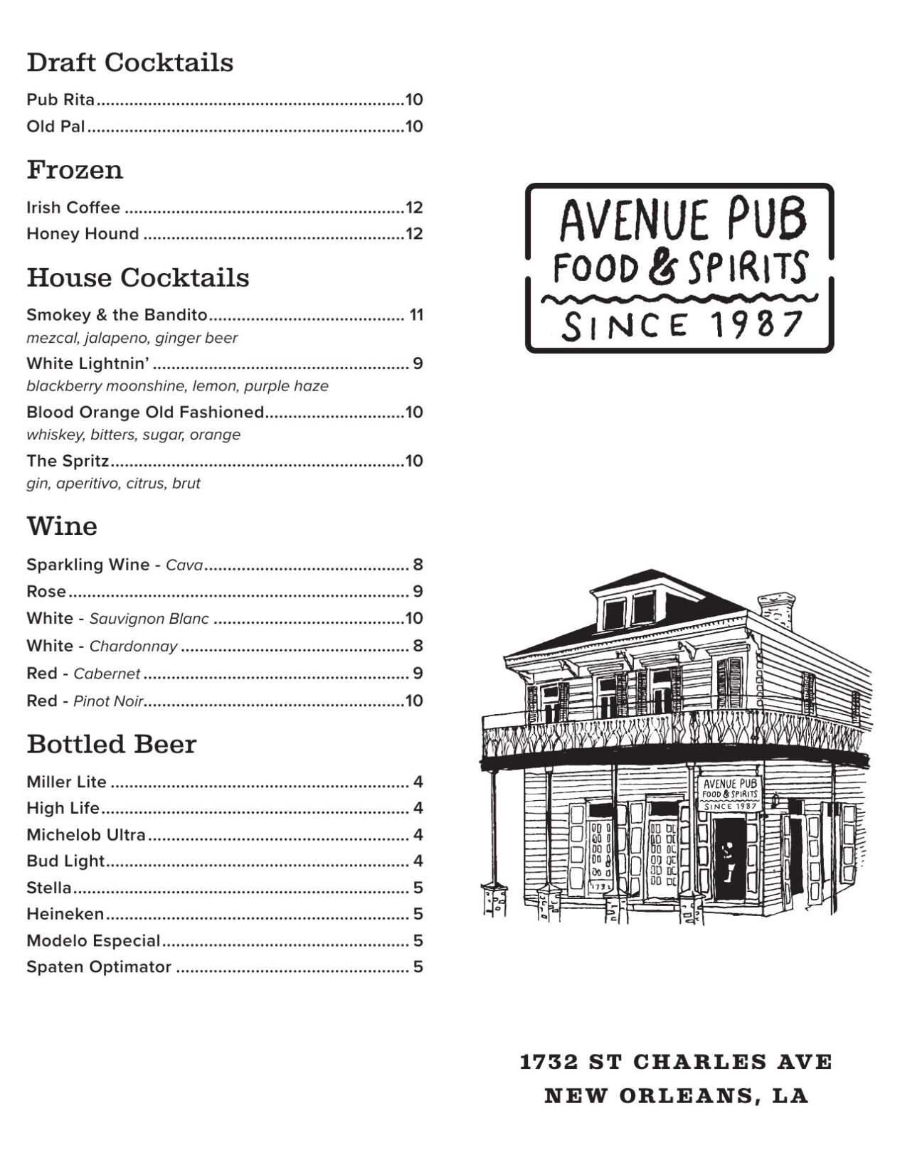 Avenue Pub beverage menu, December 2022 | | nola.com