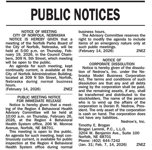 February 14 Public Notices | News | norfolkdailynews.com