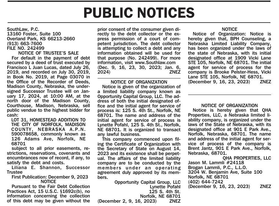 December 16 Public Notices | News | norfolkdailynews.com