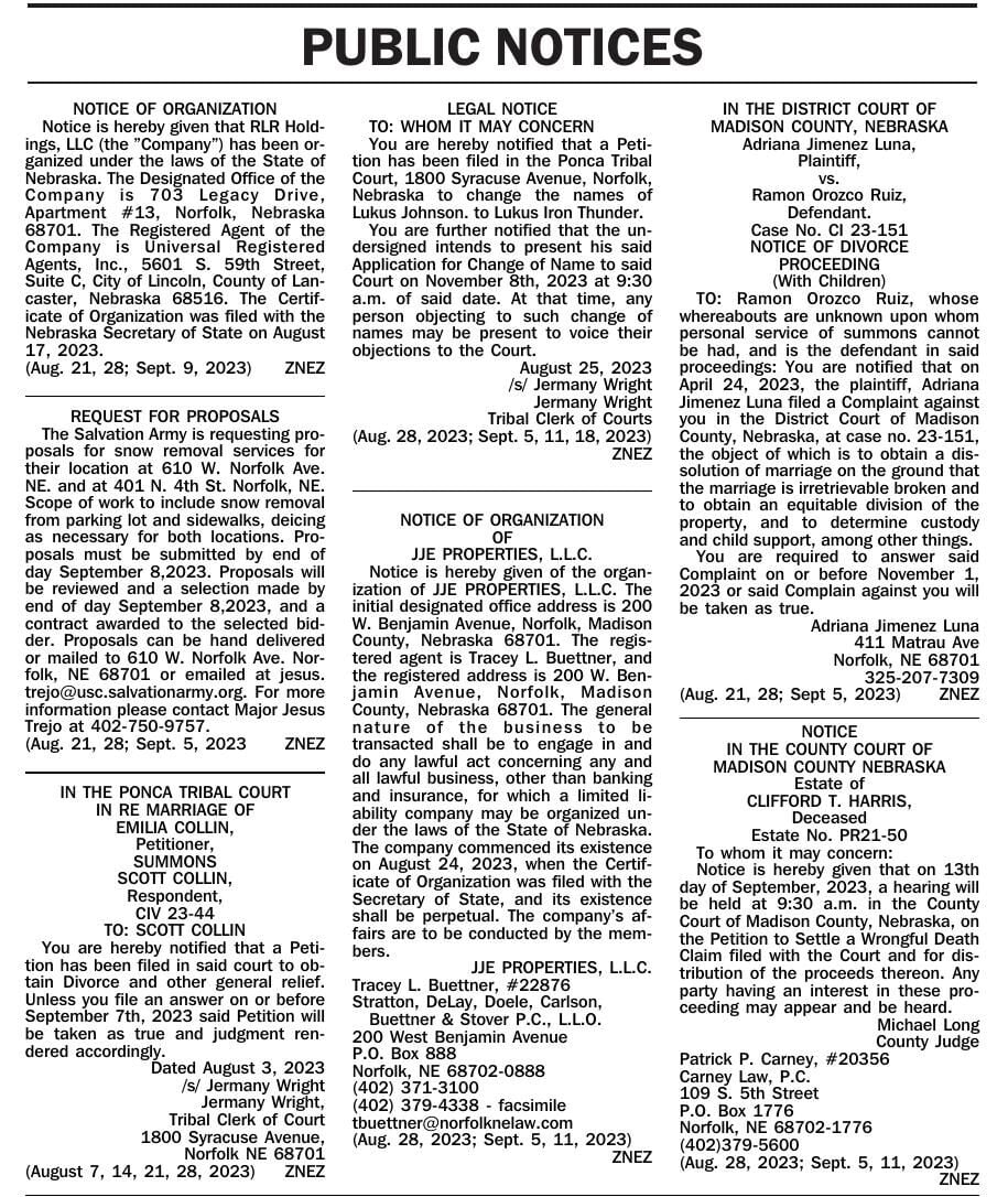 August 28 Public Notices | News | norfolkdailynews.com