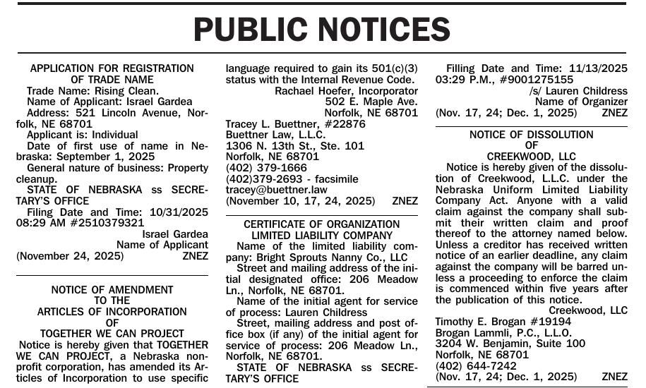 November 4 Public Notices | News | norfolkdailynews.com