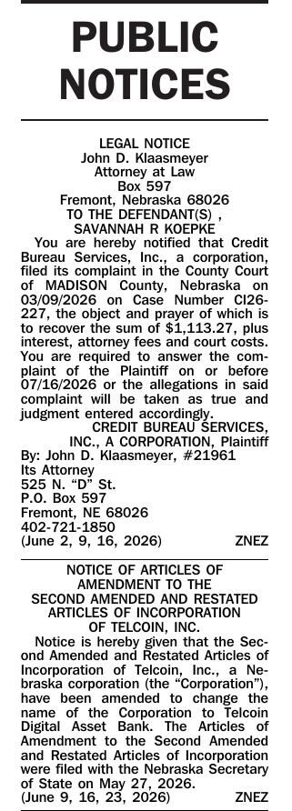 June 9 Public Notices | News | norfolkdailynews.com