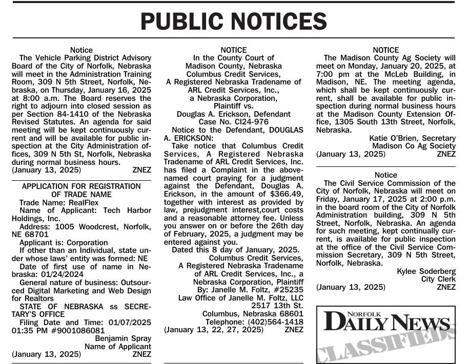 January 13 Public Notices | News | norfolkdailynews.com
