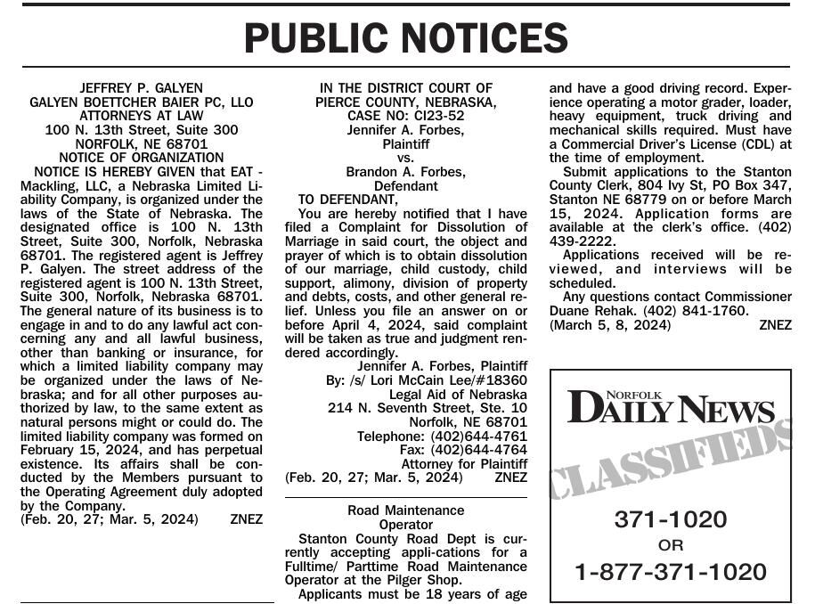 March 5 Public Notices | News | norfolkdailynews.com