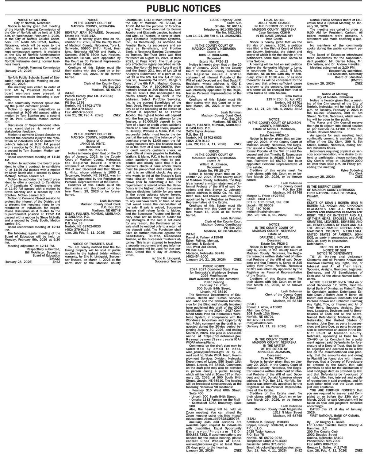January 28 Public Notices | News | norfolkdailynews.com