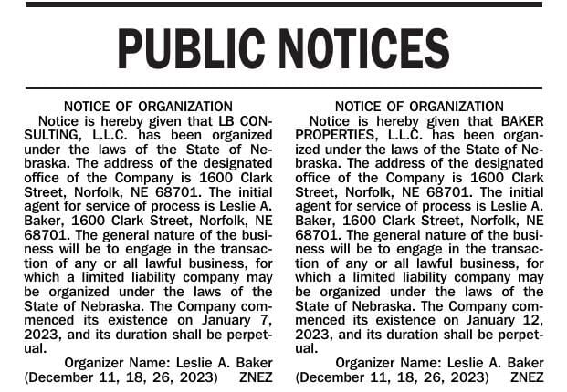 December 26 Public Notices | News | norfolkdailynews.com