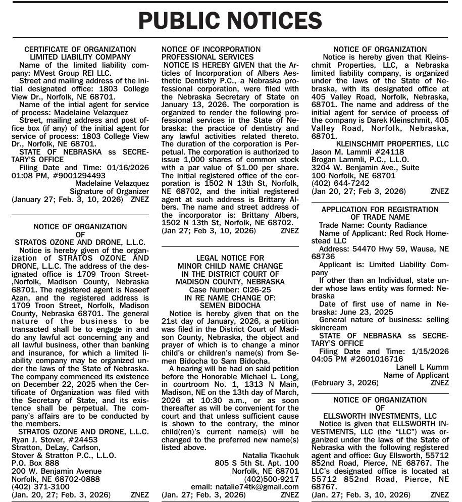 February 3 Public Notices | News | norfolkdailynews.com