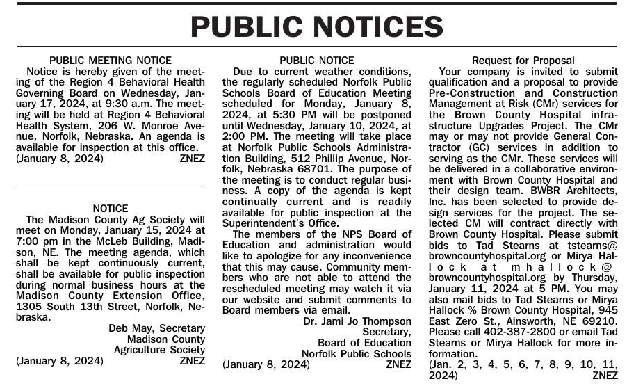 January 8 Public Notices | News | norfolkdailynews.com