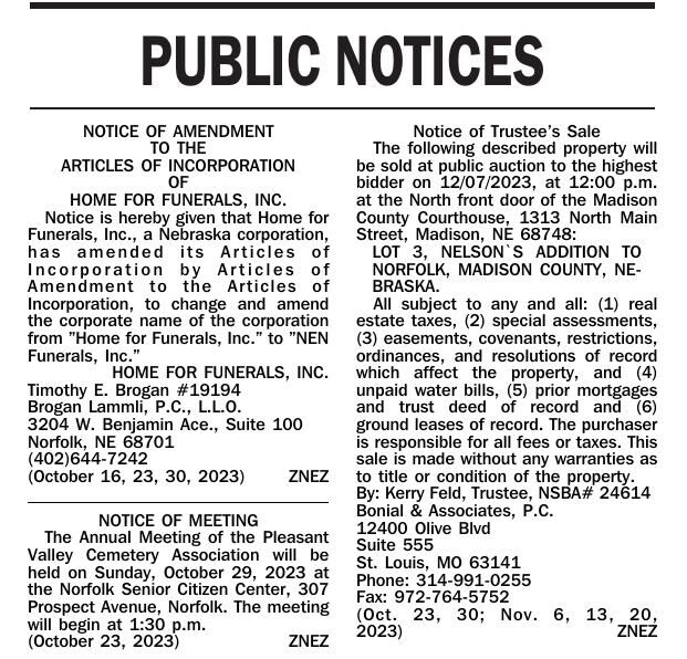 October 23 Public Notices | News | norfolkdailynews.com