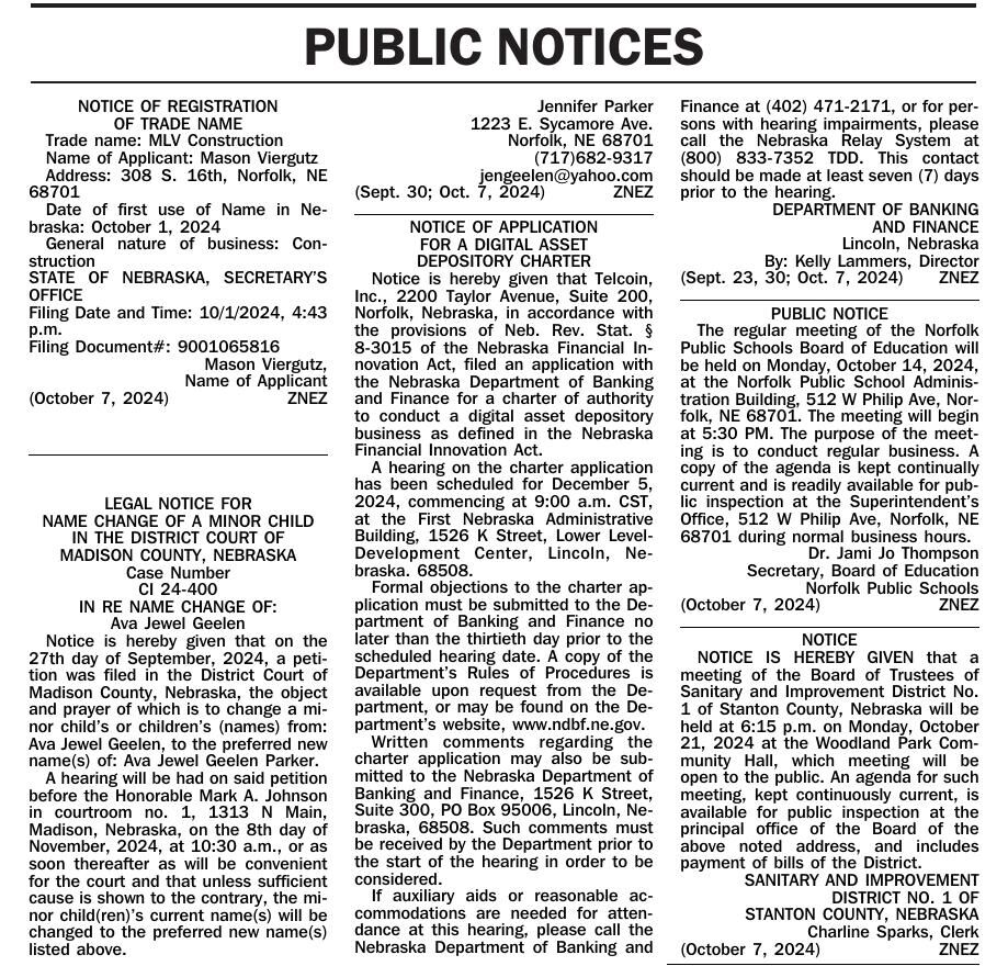 October 7 Public Notices | News | norfolkdailynews.com