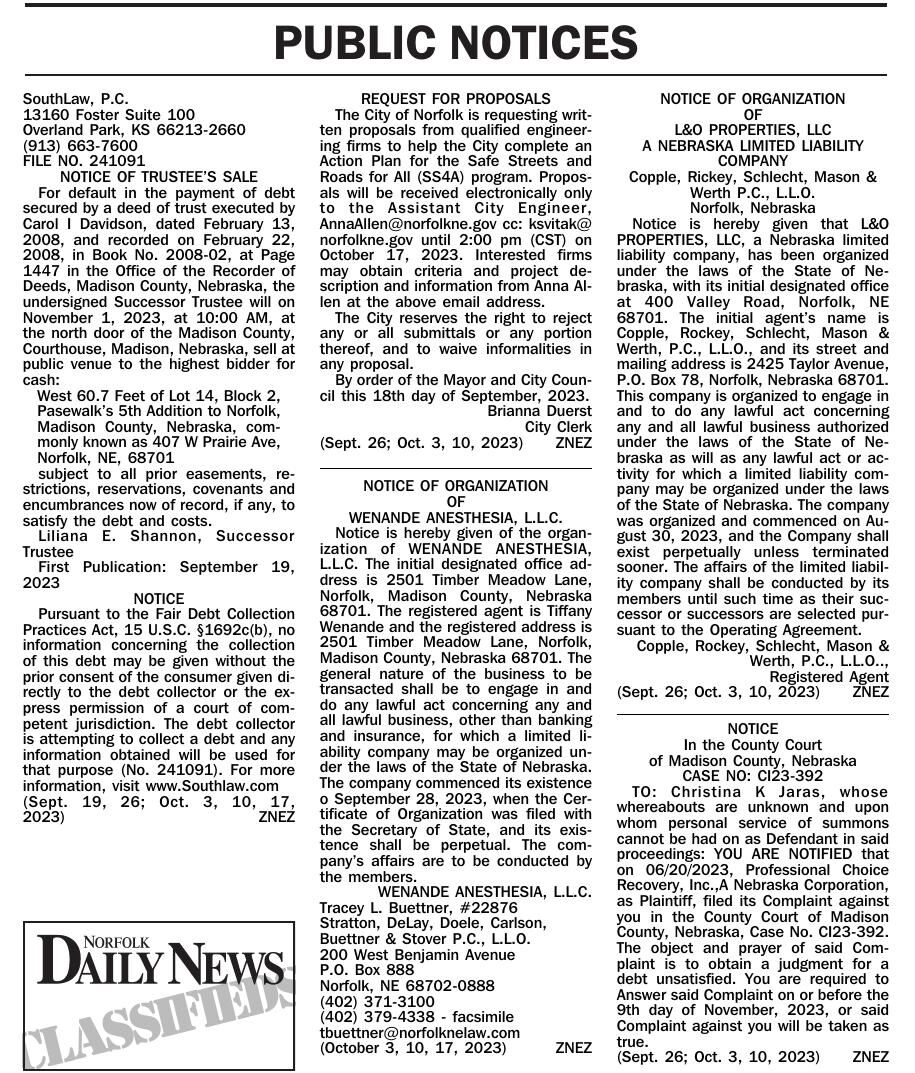 October 3 Public Notices | News | norfolkdailynews.com