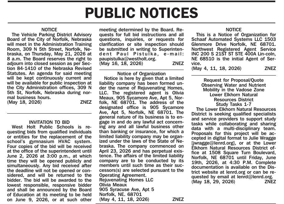 Monday May 18 Public Notices | News | norfolkdailynews.com
