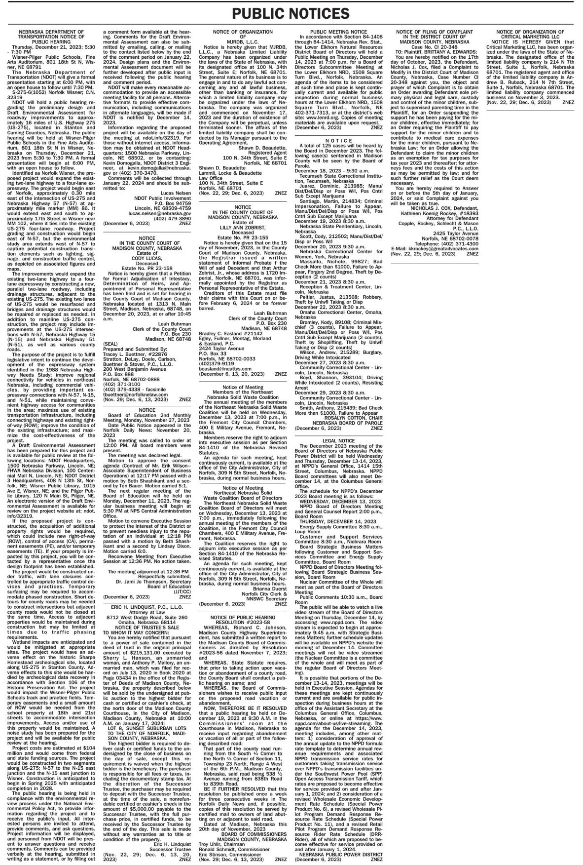 December 6 Public Notices | News | norfolkdailynews.com