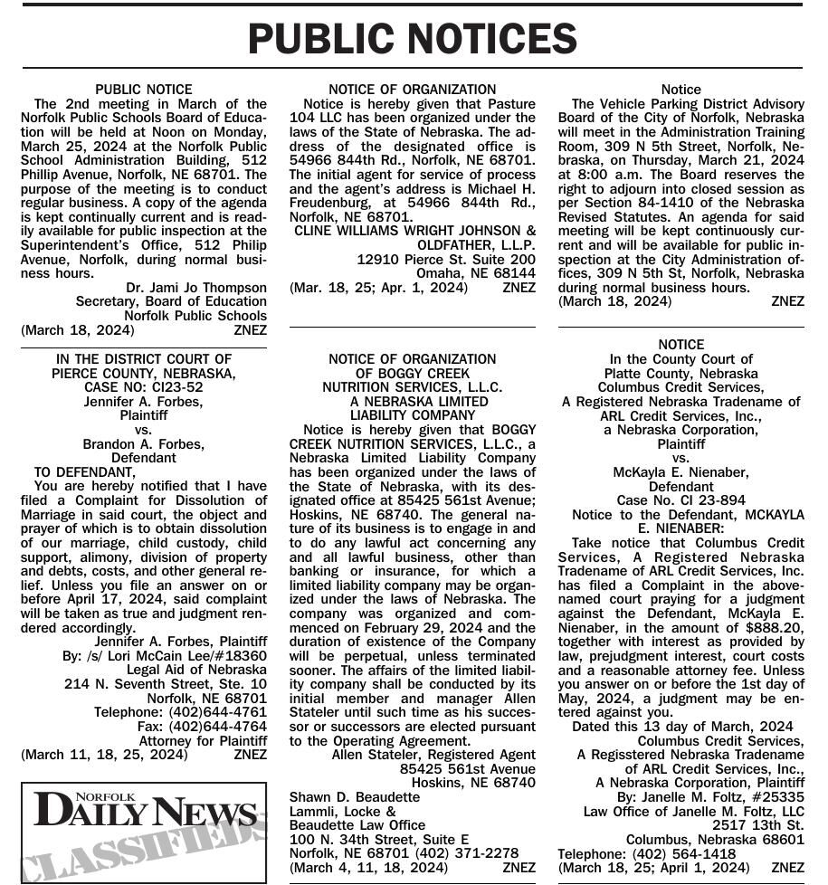 March 18 Public Notices | News | norfolkdailynews.com