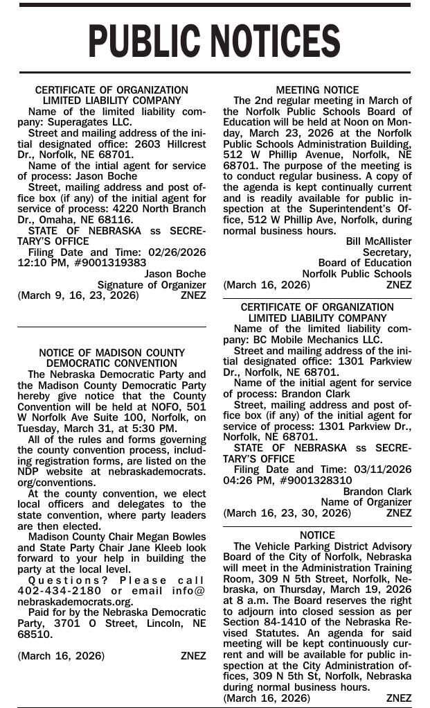 March 16 Public Notices | News | norfolkdailynews.com