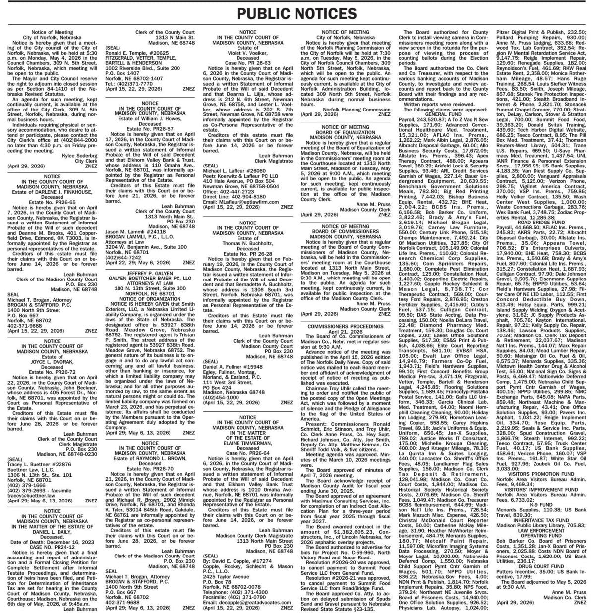 April 29 Public Notices | News | norfolkdailynews.com