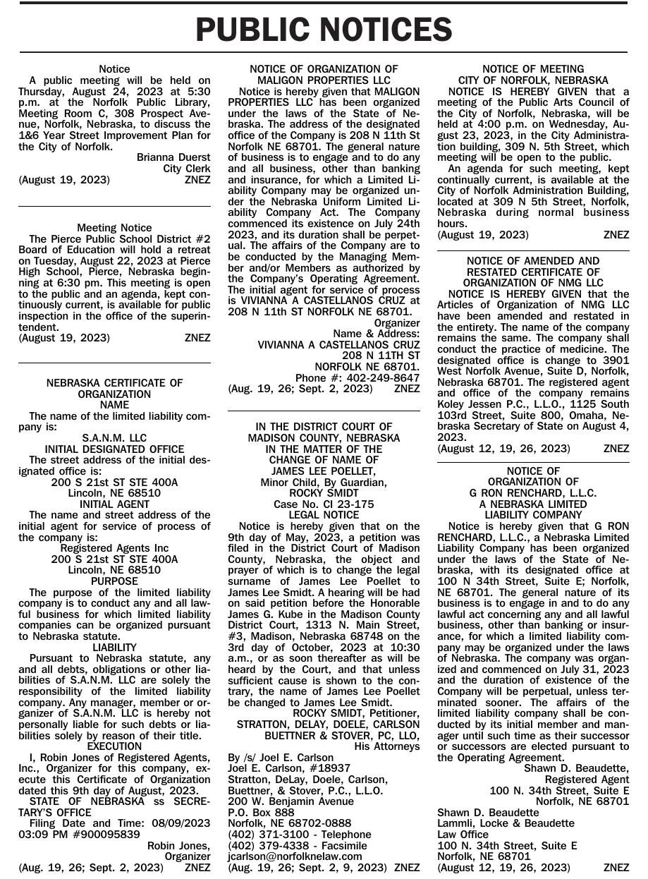August 19 Public Notices | News | norfolkdailynews.com