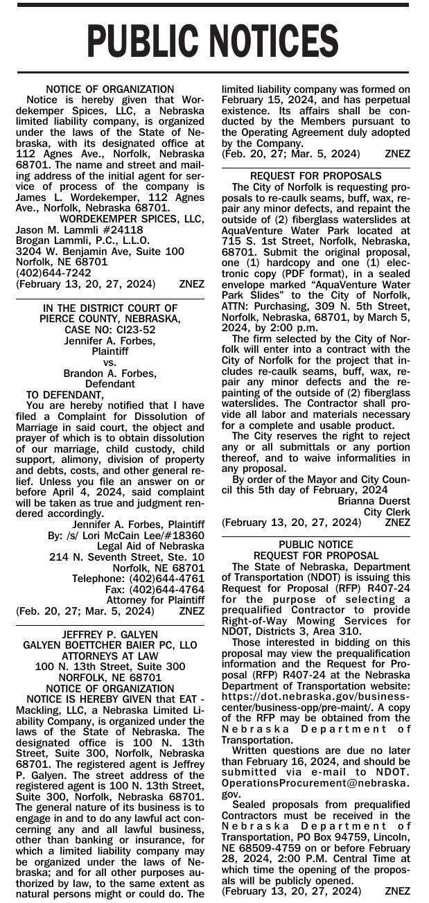 February 20 Public Notices | News | norfolkdailynews.com