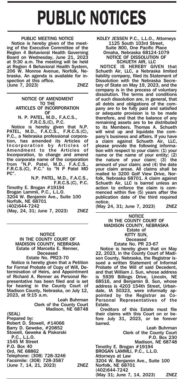 June 7 Public Notices | News | norfolkdailynews.com