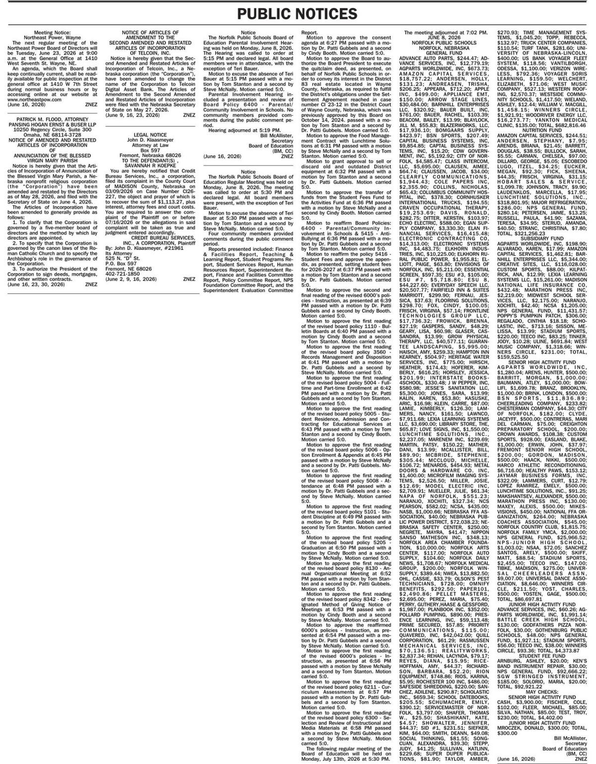June 16 Public Notices | News | norfolkdailynews.com