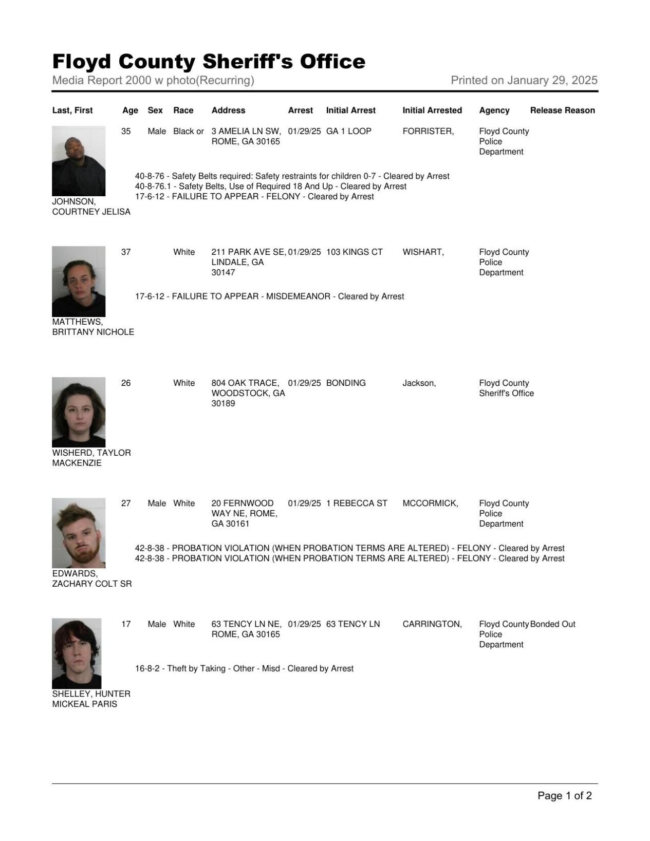 Floyd County Jail report for 8pm Wednesday, Jan. 29 | Police/Fire news ...