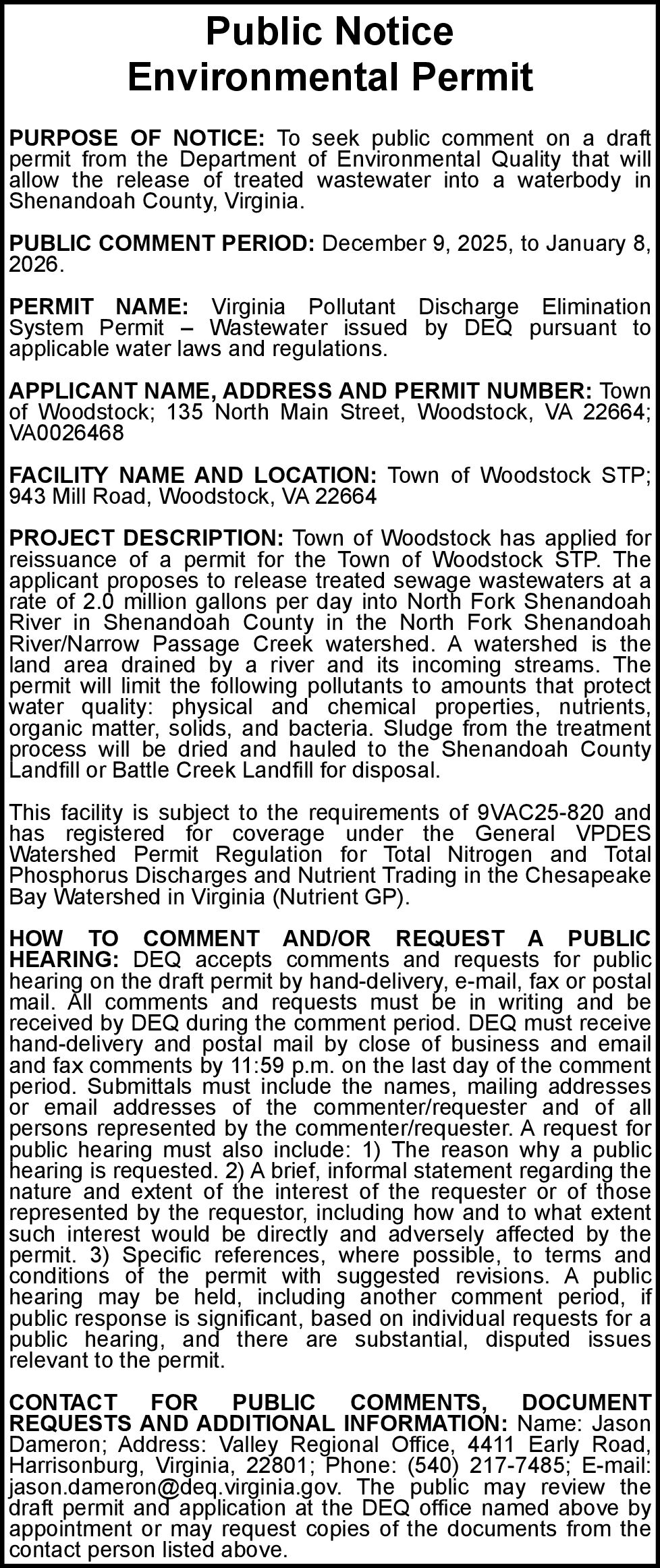 Virginia Pollutant Discharge Elimination System Permit | Notices ...
