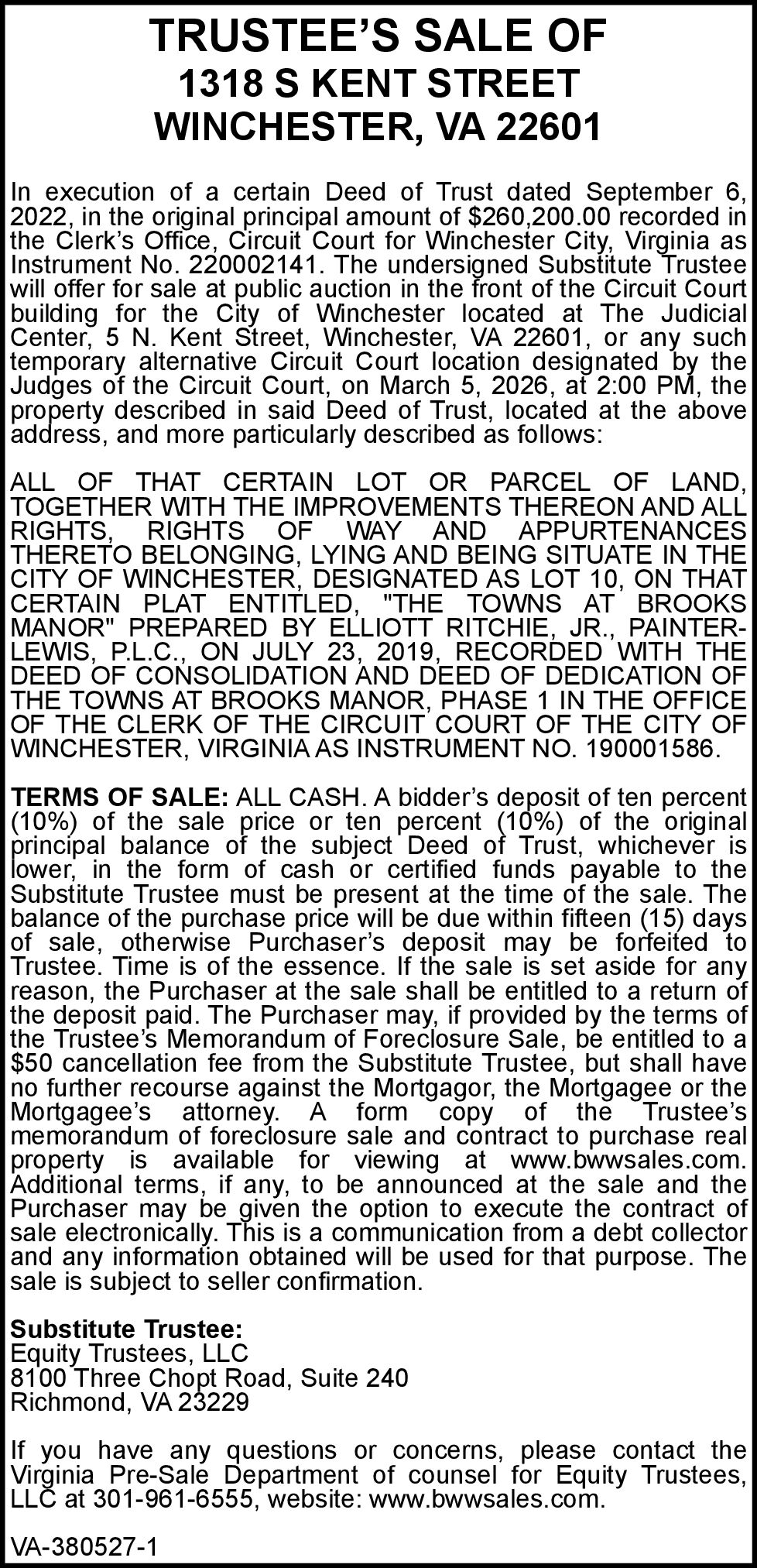 1318 S Kent Street | VA-380527 | 12/26 12/31 1/28 2/4 | Notices ...