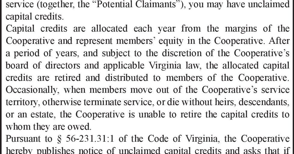 Capital Credits | 9/5/25 | Notices | nvdaily.com