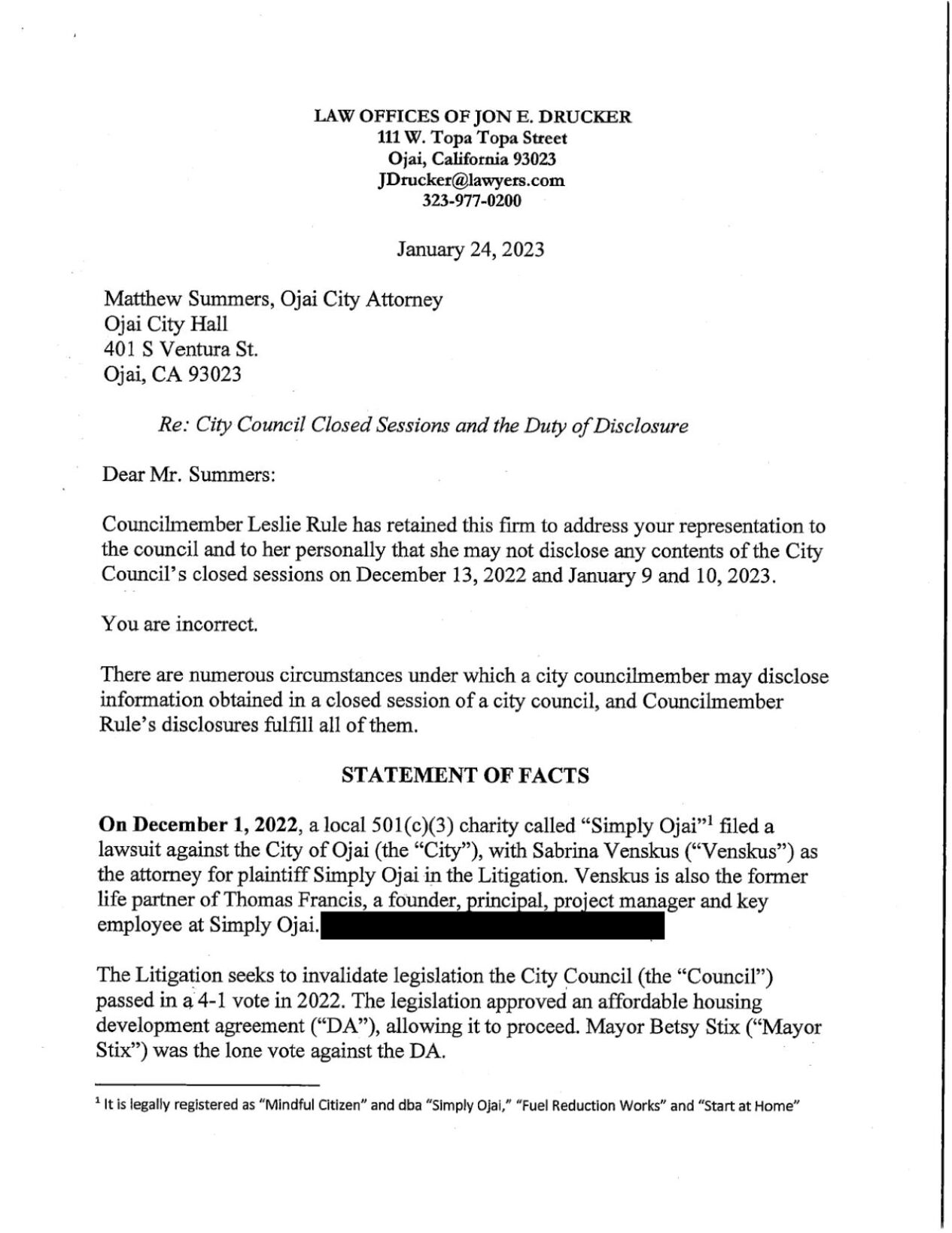 Drucker/Rule letter to Matthew Summers Jan 24 2023 | | ojaivalleynews.com