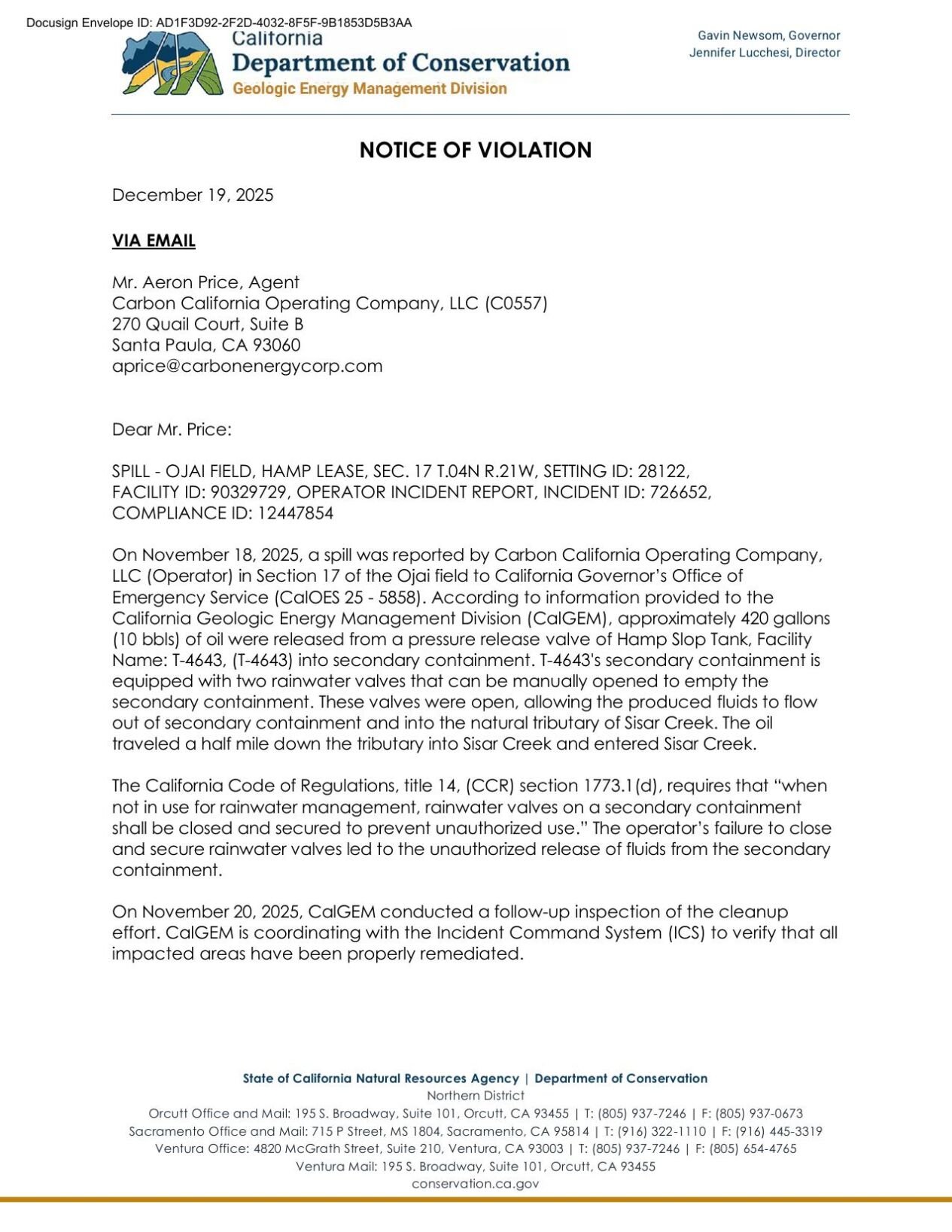 Notice of Violation issued for Sisar Creek oil spill | Environment ...