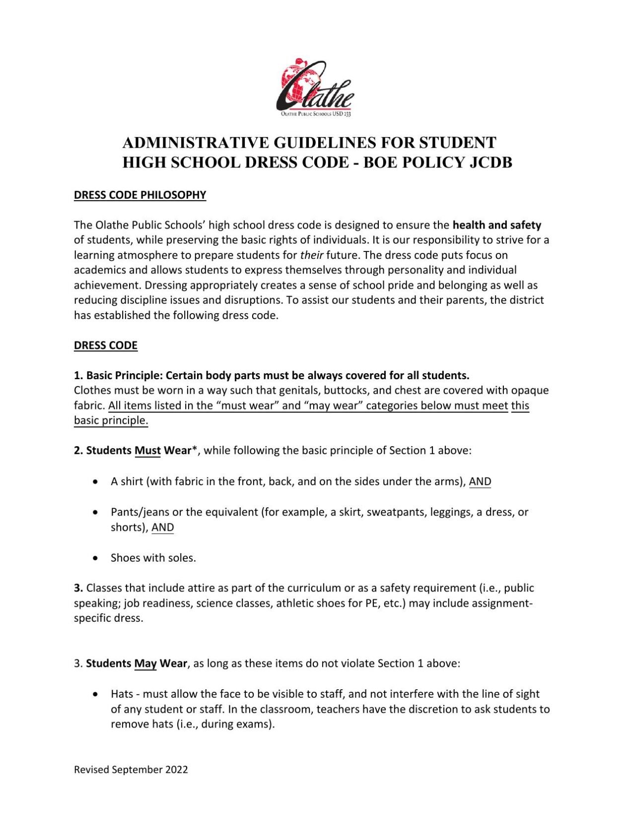 High School Dress Code Update