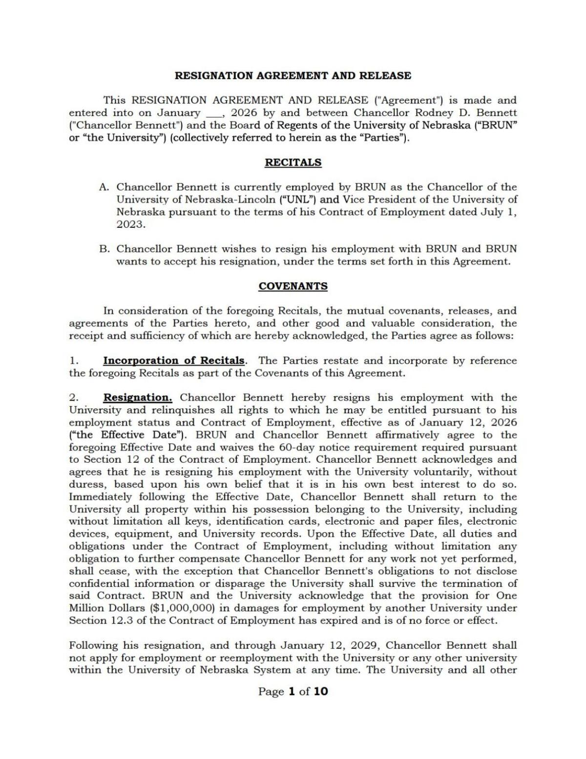 Read UNL Chancellor Rodney Bennett's resignation agreement