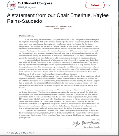 OU Undergraduate Student Congress Twitter posts fake letter from former ...