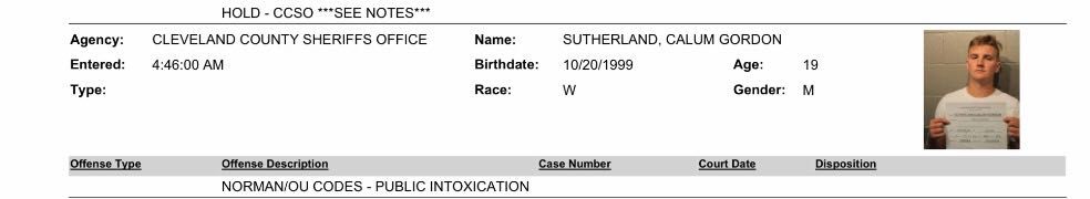 OU football: Calum Sutherland arrested for public intoxication | Sports ...