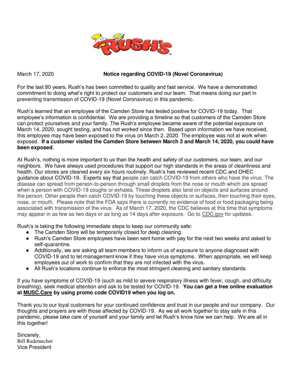 Coronavirus letter to Rush's employees