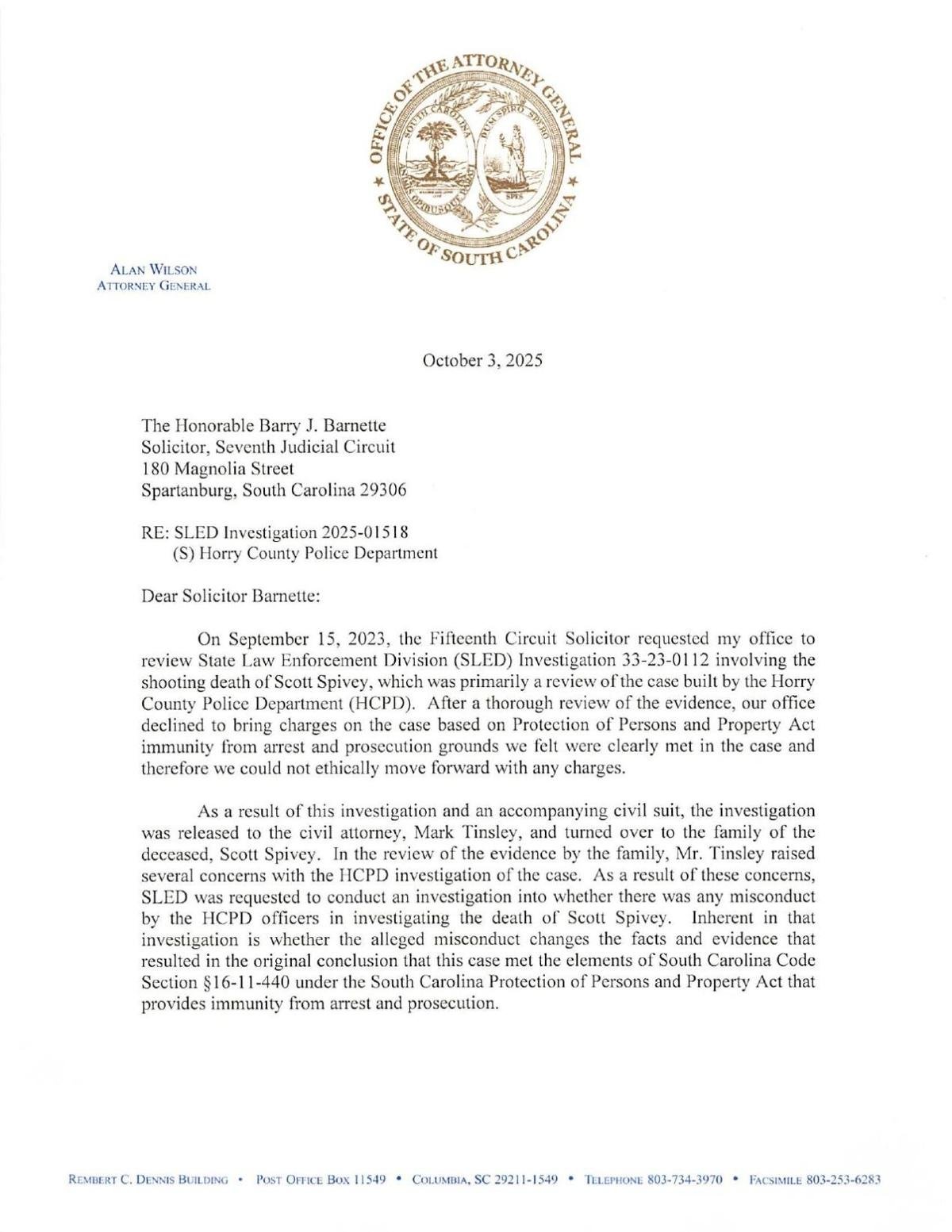 SC AG Alan Wilson asks solicitor to review Scott Spivey case