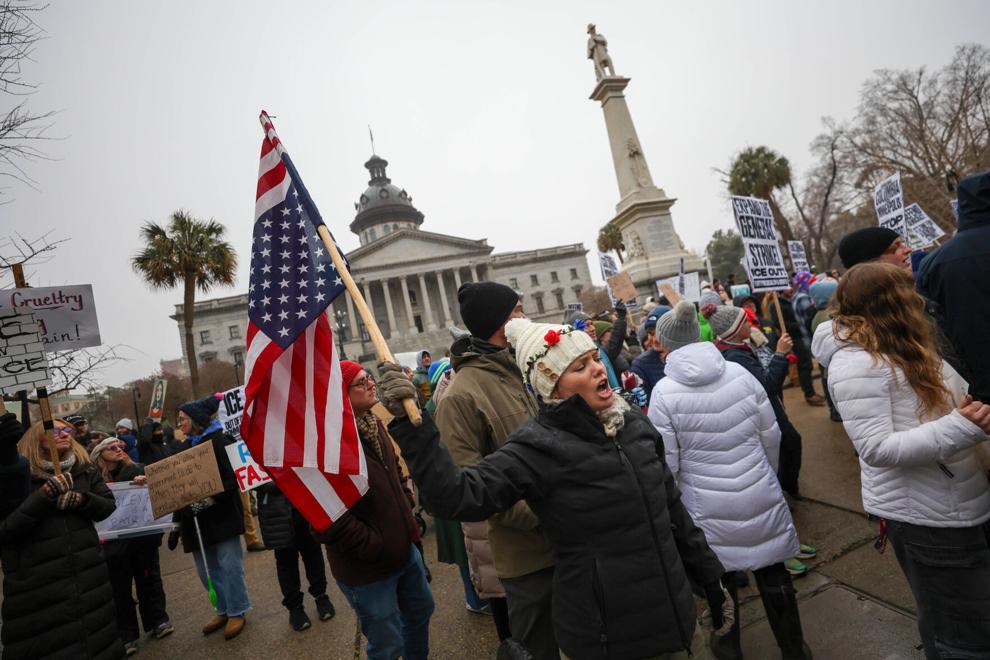 Crowd protests ICE during winter storm in Columbia SC